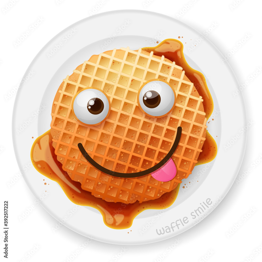 Belgium round waffle with Playful happy smile, text, honey, jam, jelly ...