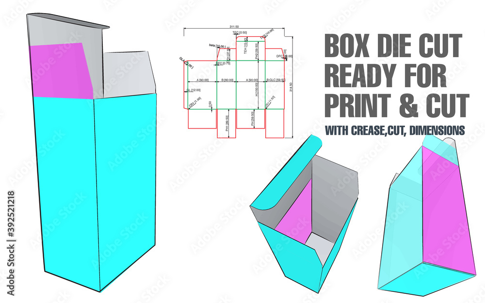 Box Die Cut Cube Template with 3D Preview organised with cut, crease ...