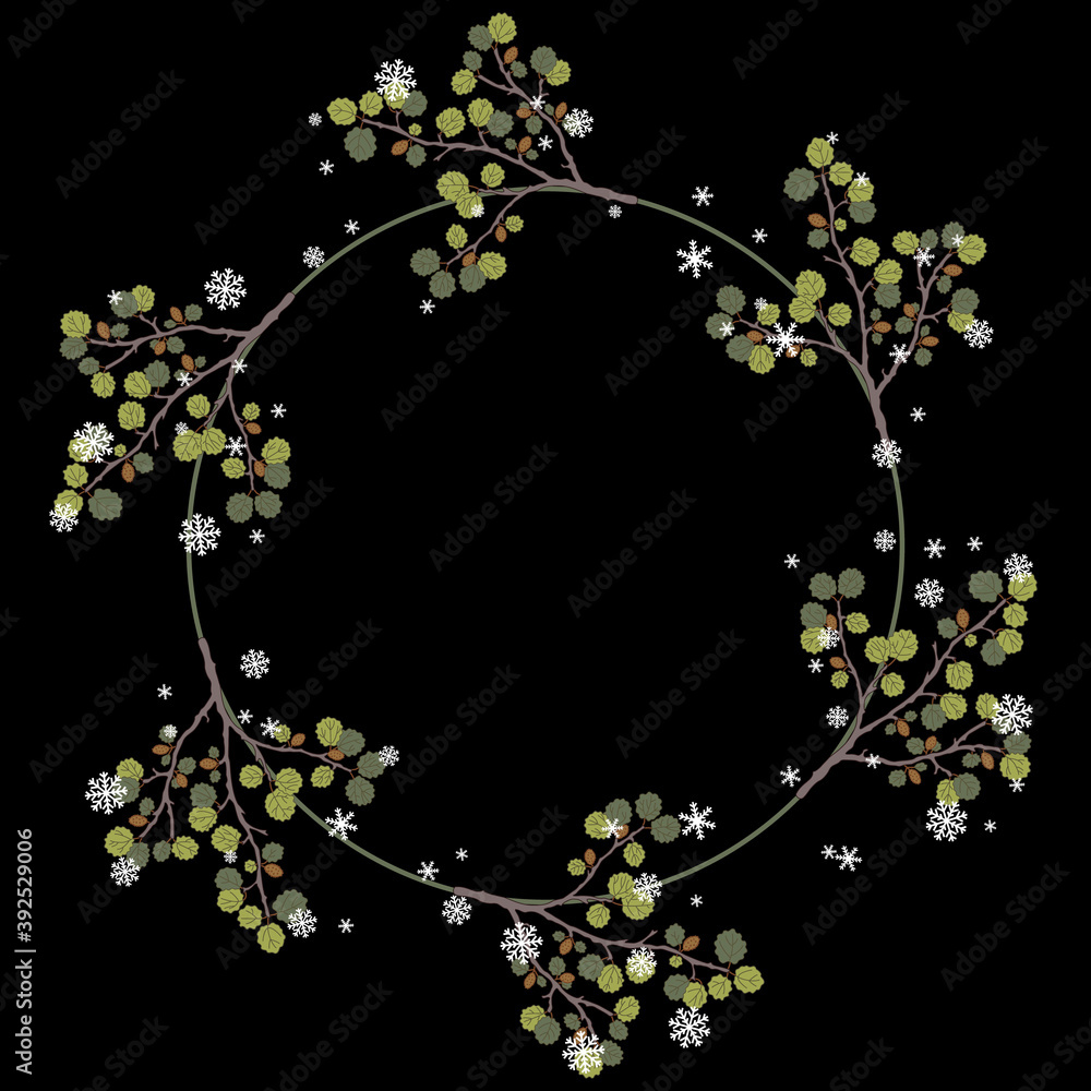 Round floral frame, border, decor. Wreath of stylized dwarf birch ...