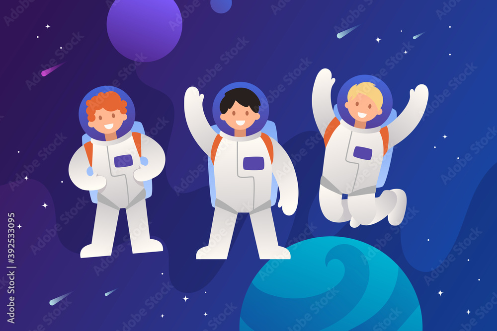 Astronaut team in outer space. Cartoon characters. Vector colorful ...