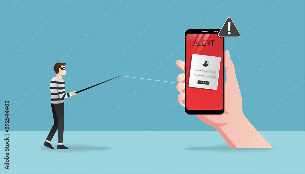 Hacking concept with warning sign. Hacker is phishing scam from ...