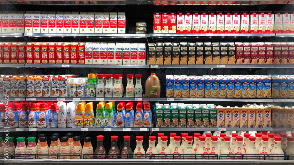 Oakland, CA - Nov 10, 2020: Grocery store shelf refrigerator section ...