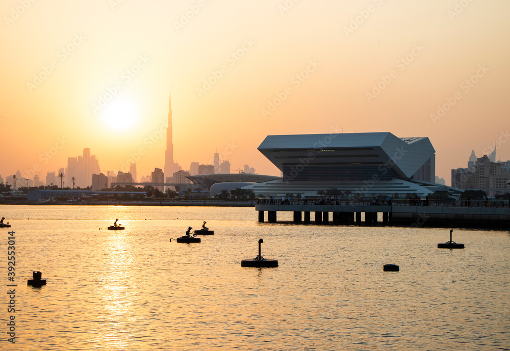Sunset at Dubai Festival city. New building of Sheikh Muhammad Bin ...
