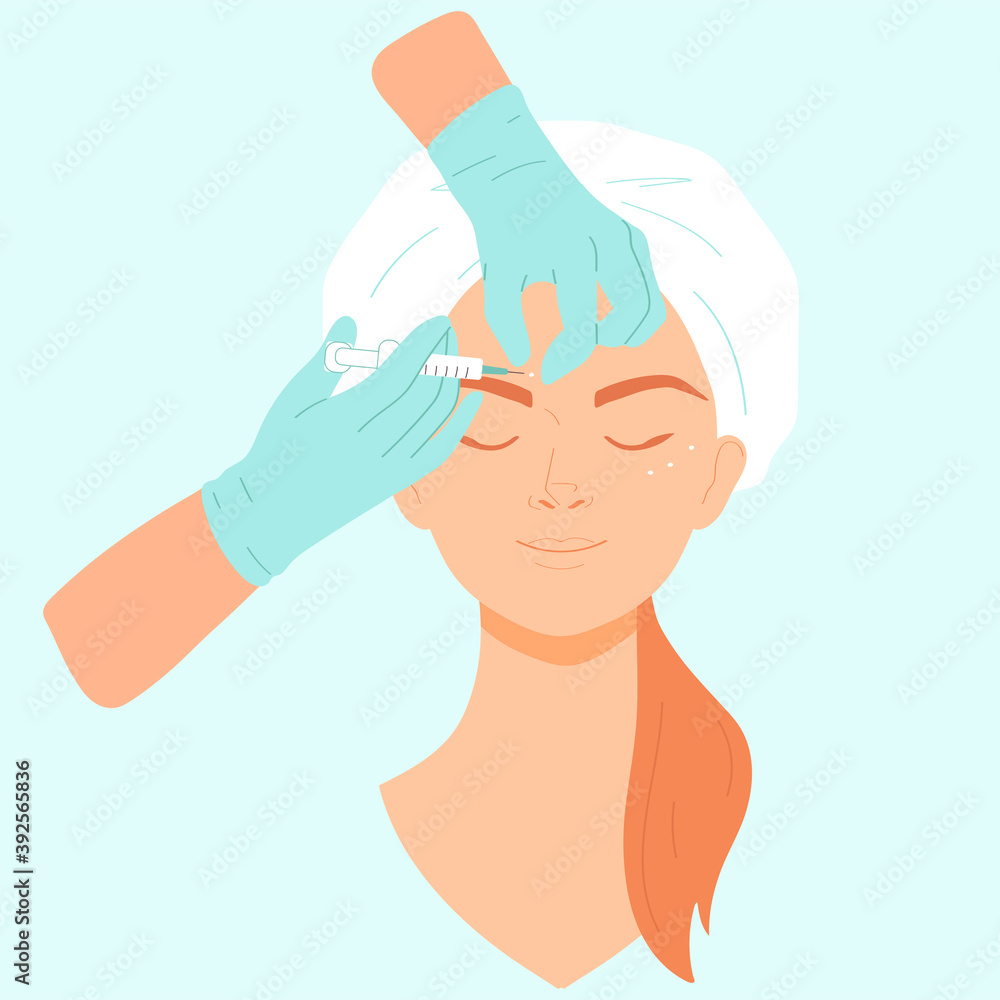 Beautician makes an injection in the forehead of a young woman. Botox ...