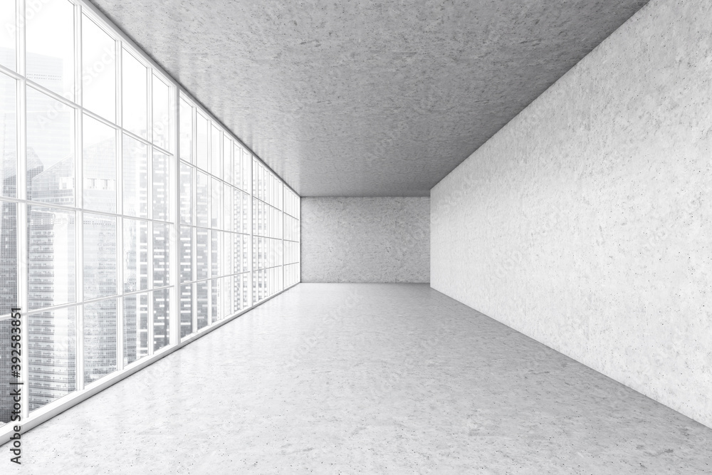 Large empty grey hall with big window, marble design of office space ...