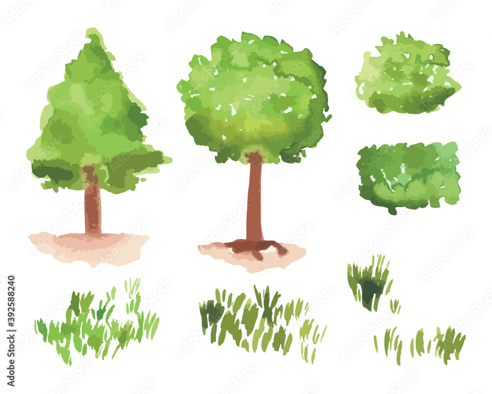 Tree and grass watercolor clipart. Drawing by watercolor. Hand drawn ...