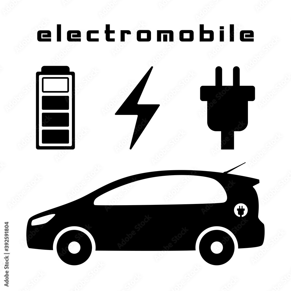Electromobile. Icons for charge, battery, socket, car refueling. Stock ...
