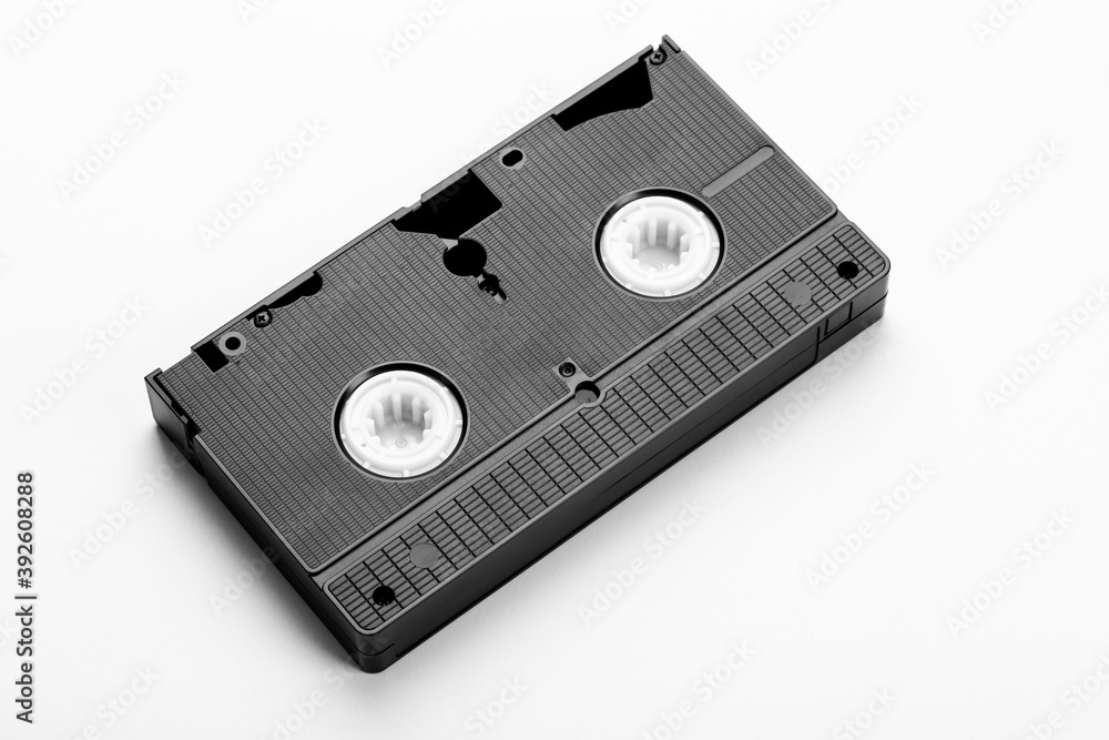 Old black vintage Videotape vhs back side top view isolated on white ...