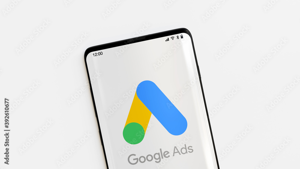 Mobile phone with the Google Ads logo displayed. 3D rendering. Stock ...