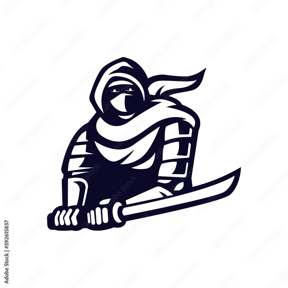 Ninja logo design vector black and white version. modern illustration ...