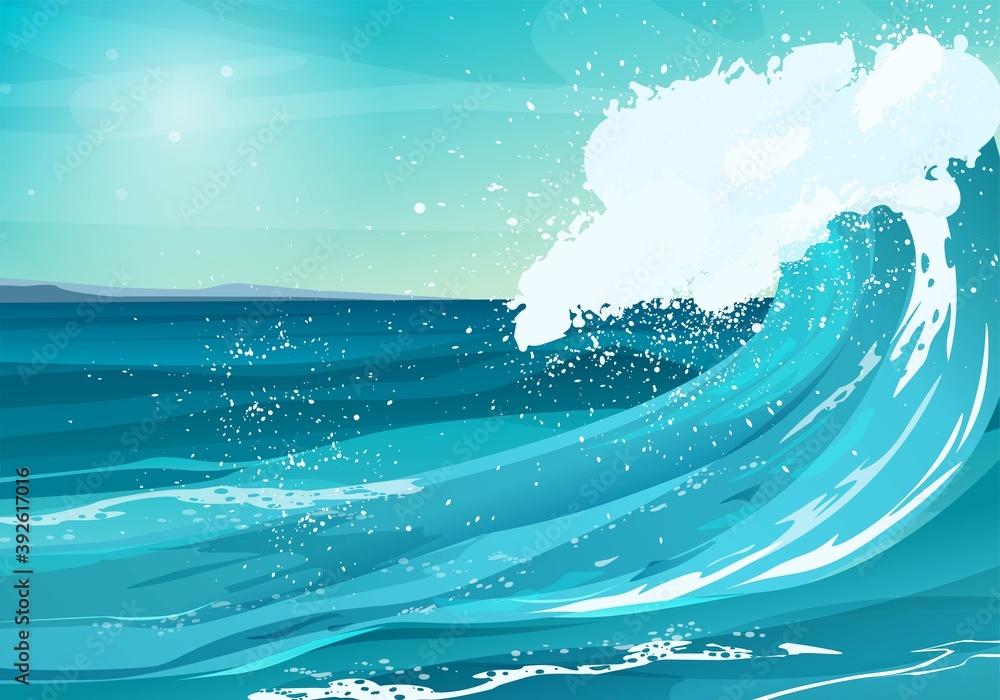 Sunny day at seaside. Sea or ocean with a huge rising wave with foam ...