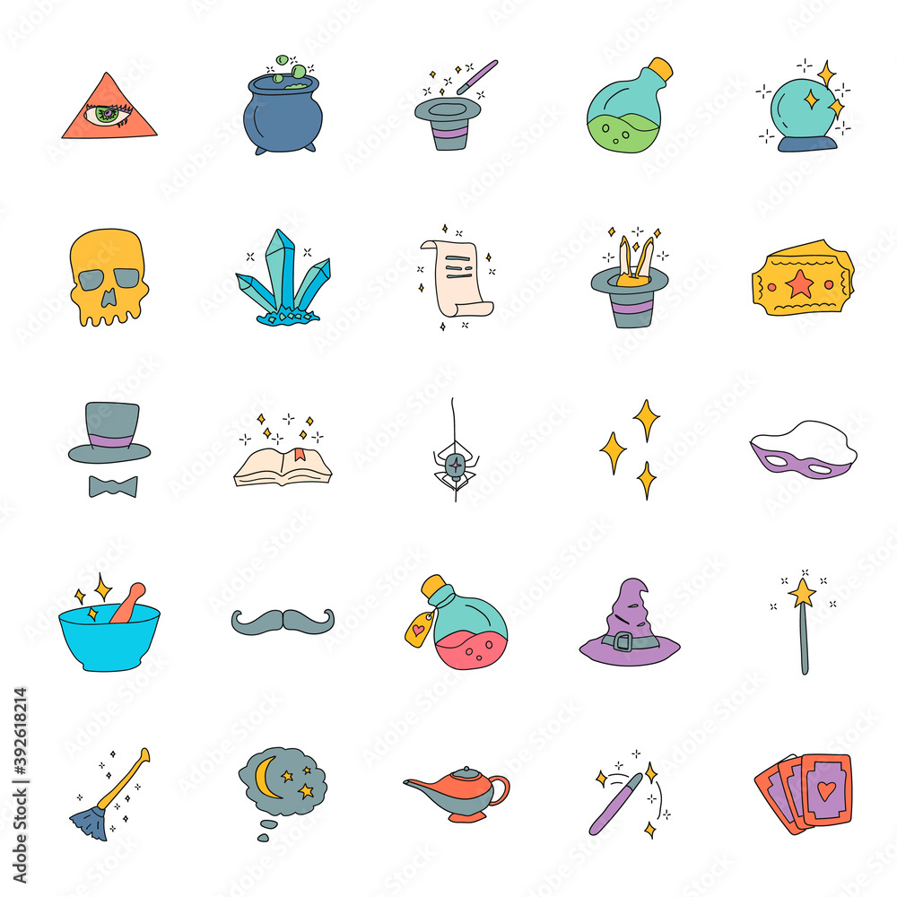 magic hand drawn linear doodles isolated on white background.magic icon ...
