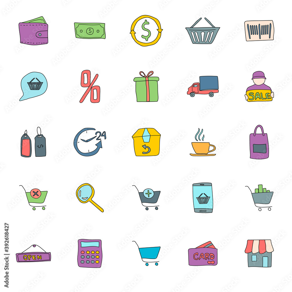 shopping hand drawn linear vector icons isolated on white background ...