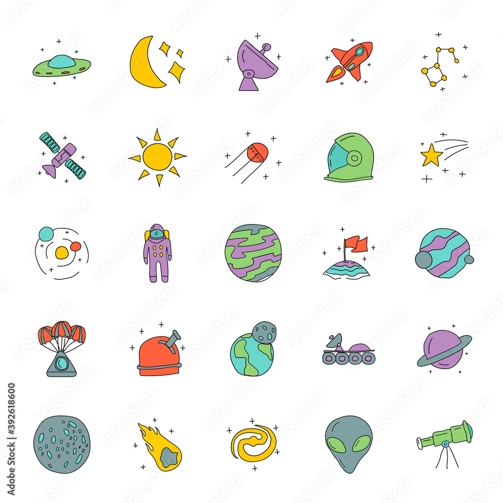 Space hand drawn linear doodles isolated on white background. space ...