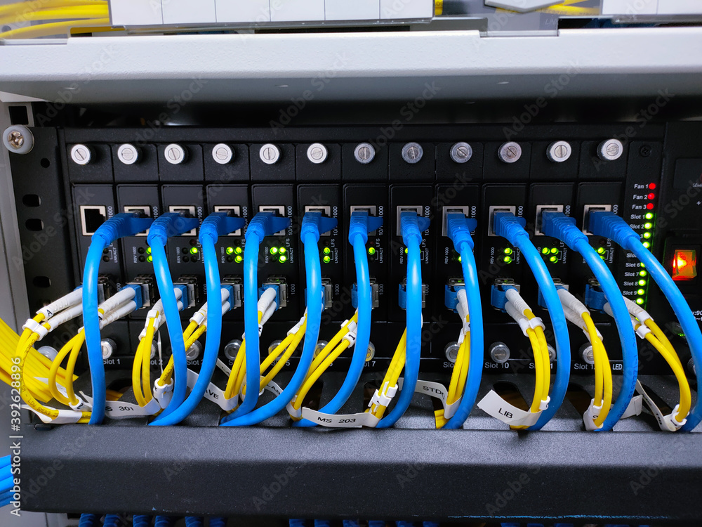 Network switch and ethernet cable in rack cabinet. Network connection ...
