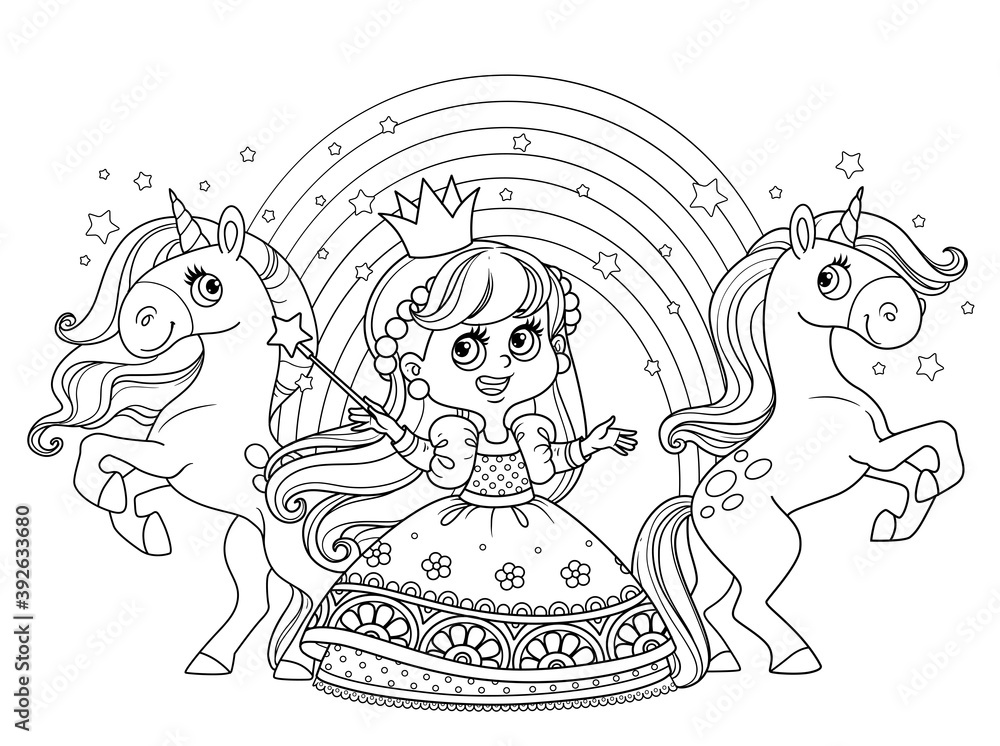 Cute princess in ball dress with unicorns and rainbow outlined for ...