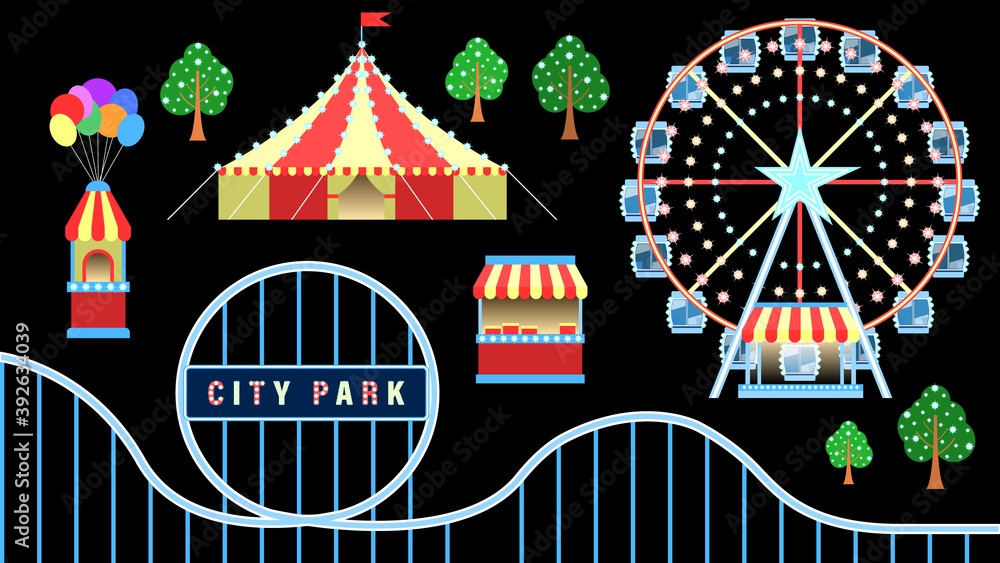Amusement city park objects isolated black background. Flat cartoon ...