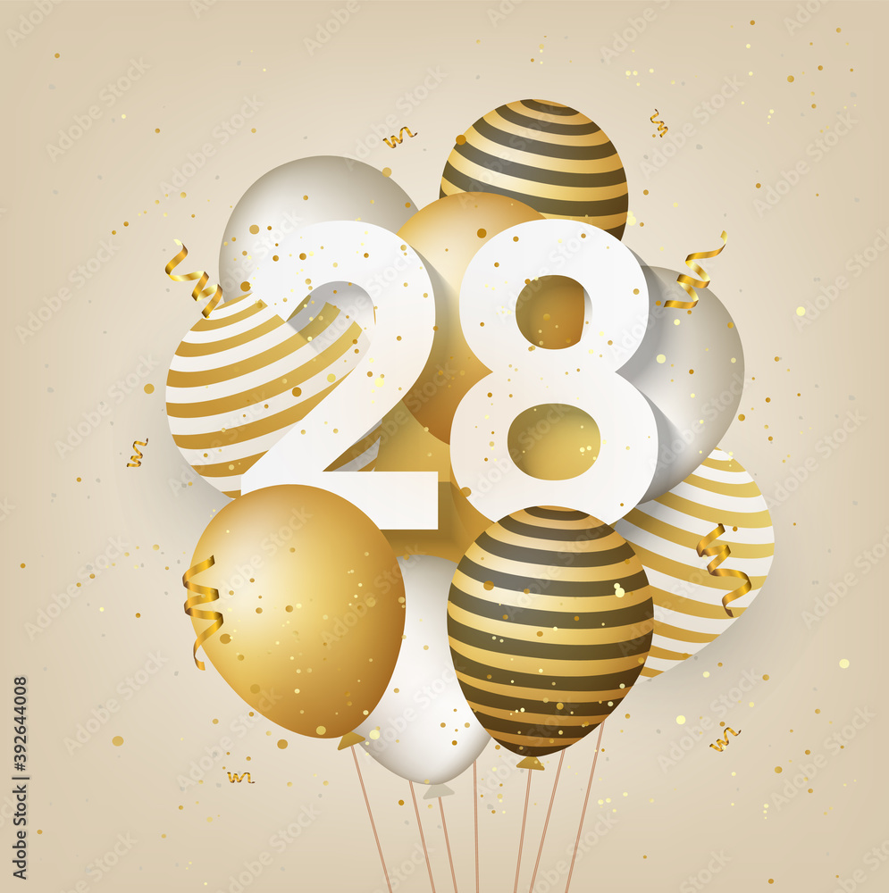 Happy 28th birthday with gold balloons greeting card background. 28 ...
