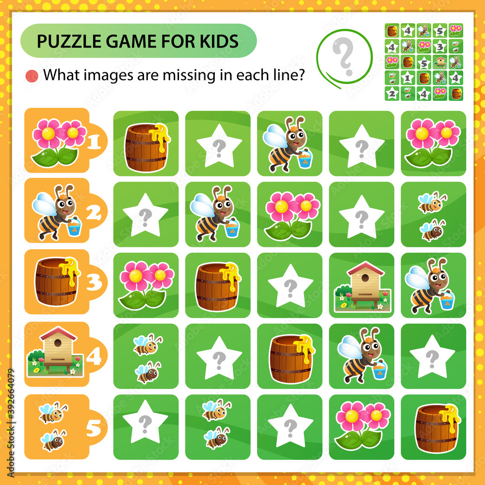 Sudoku puzzle. What images are missing in each line? Bee, honey ...