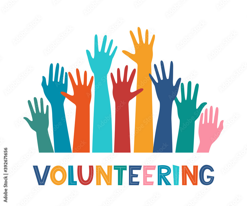 Colored volunteer crowd hands. Hand drawing lettering Volunteering ... Colored volunteer crowd hands. Hand drawing lettering Volunteering ...