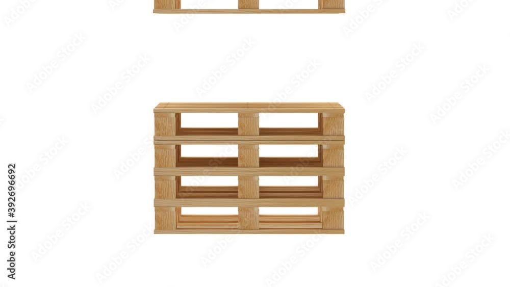 3D animation of empty wooden pallets falling and stacked isolated on a ...