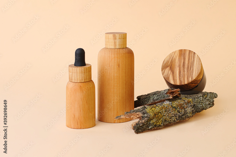 Different types of the cosmetic containers made from natural wood ...