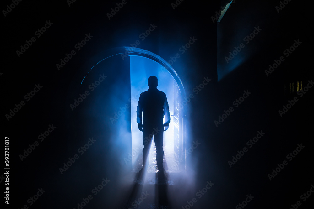 Silhouette of an unknown shadow figure on a door through a closed glass ...