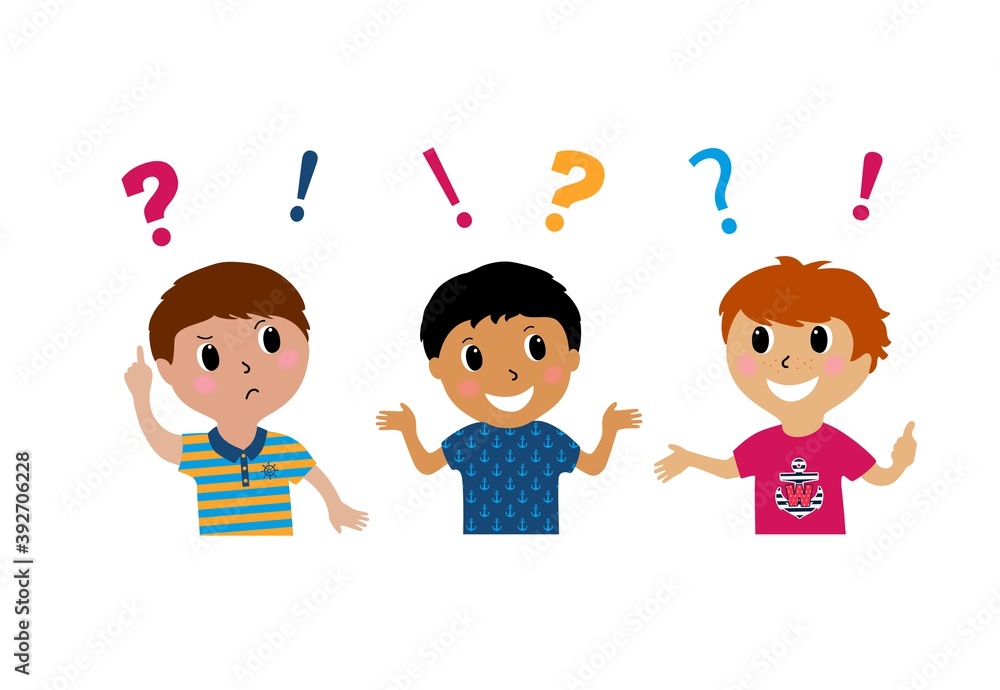 Three boys under question marks and exclamation marks. Brooding ...