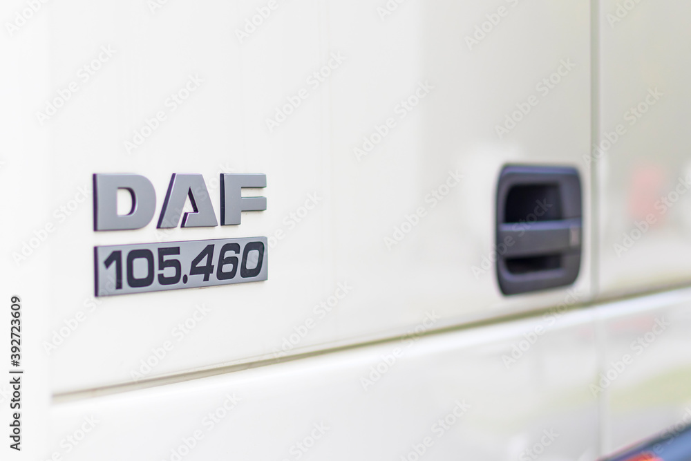 Minsk. Belarus. May 28, 2020. Street lighting. On the truck cab is the ...