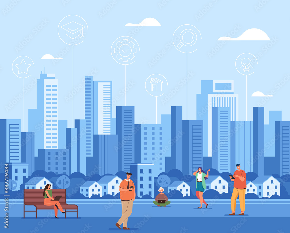 Smart city and people using phone and laptop concept. Vector flat ...