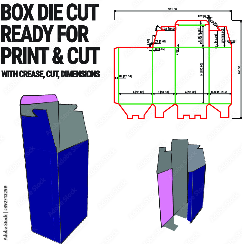 Box Die Cut Cube Template with 3D Preview organised with cut, crease ...