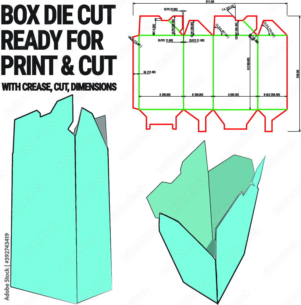 Box Die Cut Cube Template with 3D Preview organised with cut, crease ...