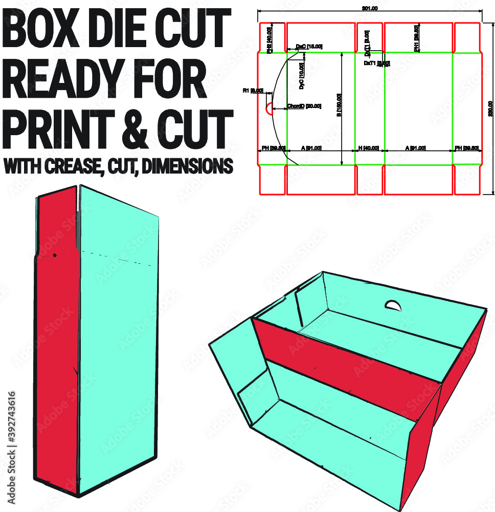 Box Die Cut Cube Template with 3D Preview organised with cut, crease ...