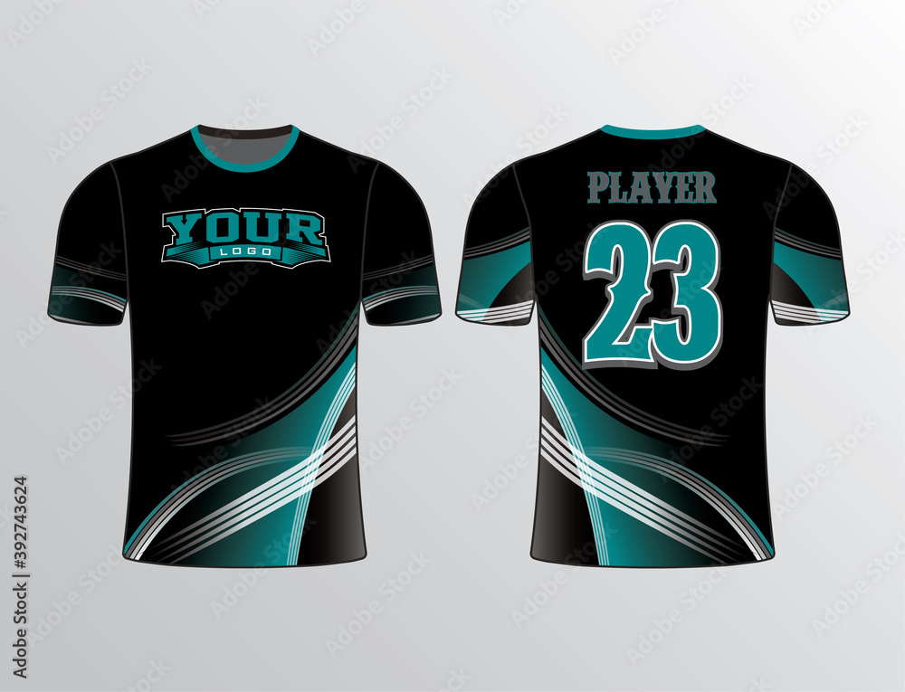 Black and teal base colors with wavy stripe filled jersey template for ...
