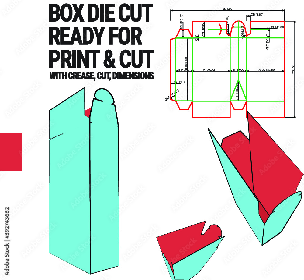 Box Die Cut Cube Template with 3D Preview organised with cut, crease ...