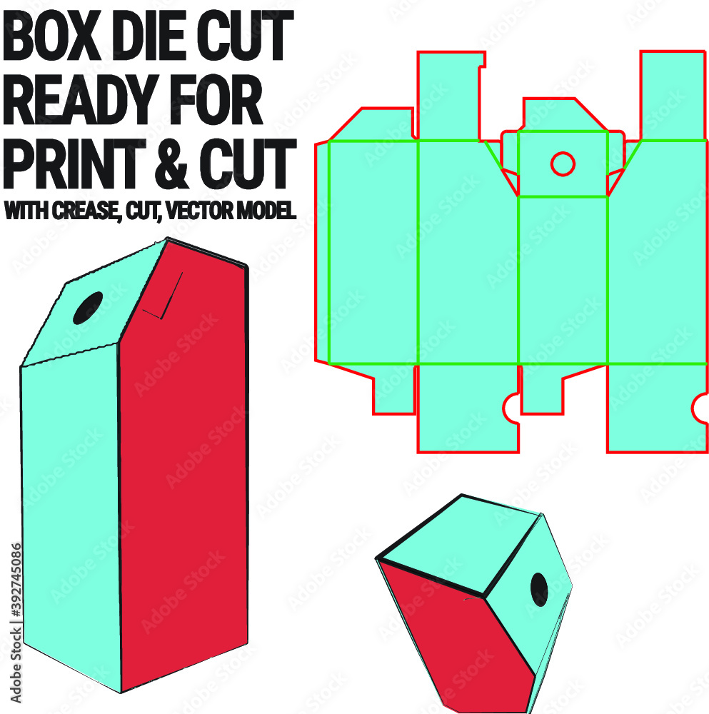 Box Die Cut Cube Template with 3D Preview organised with cut, crease ...