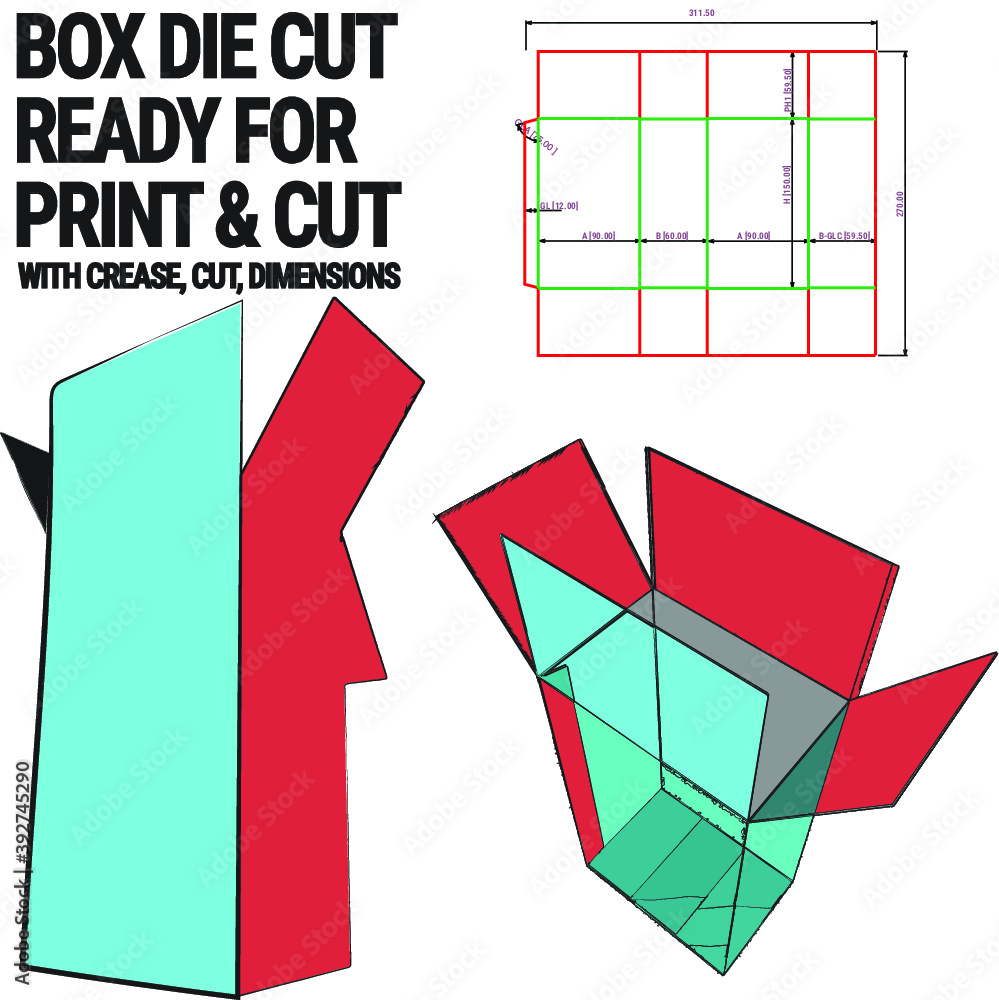 Box Die Cut Cube Template with 3D Preview organised with cut, crease ...