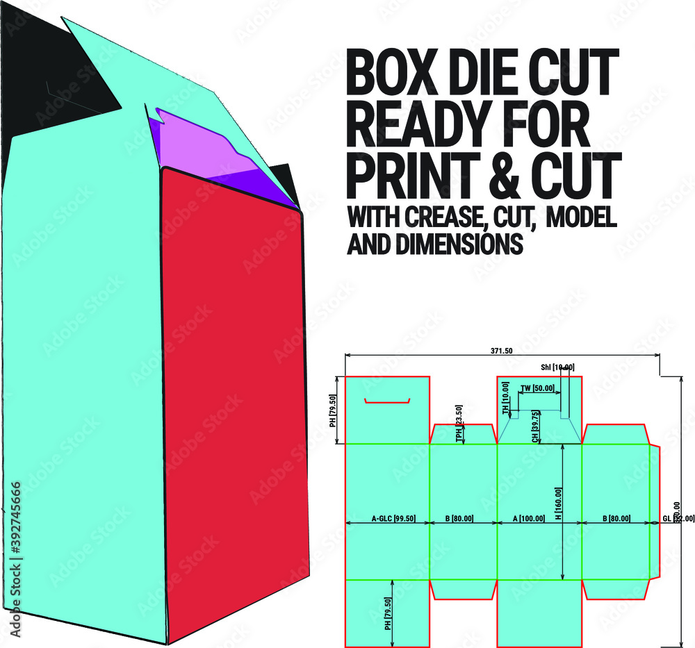 Box Die Cut Cube Template with 3D Preview organised with cut, crease ...