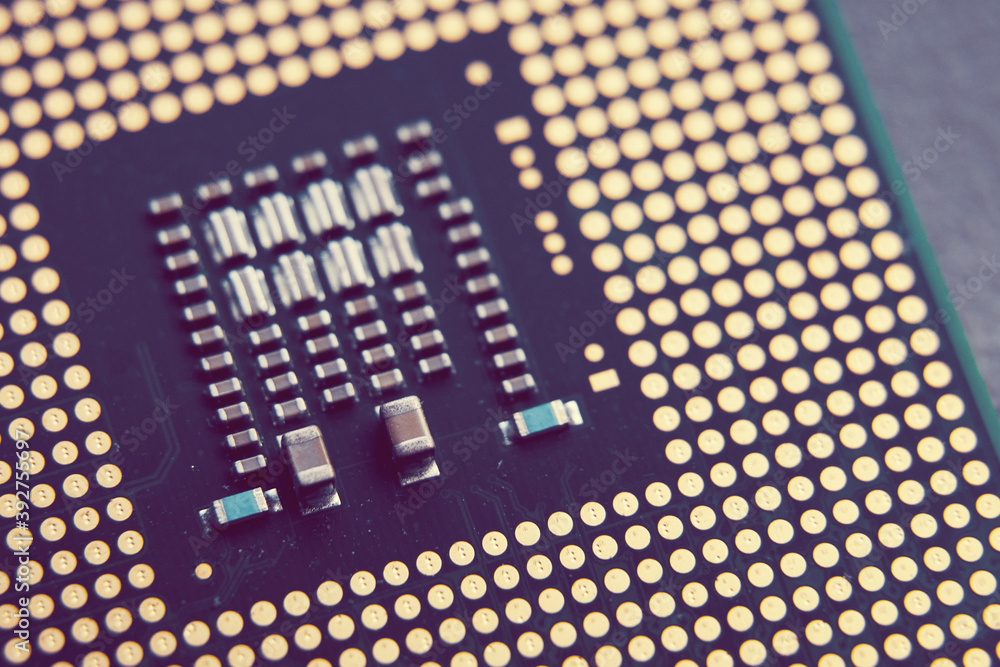 Technical background of close up CPU Chip Computer Processor. Selective ...