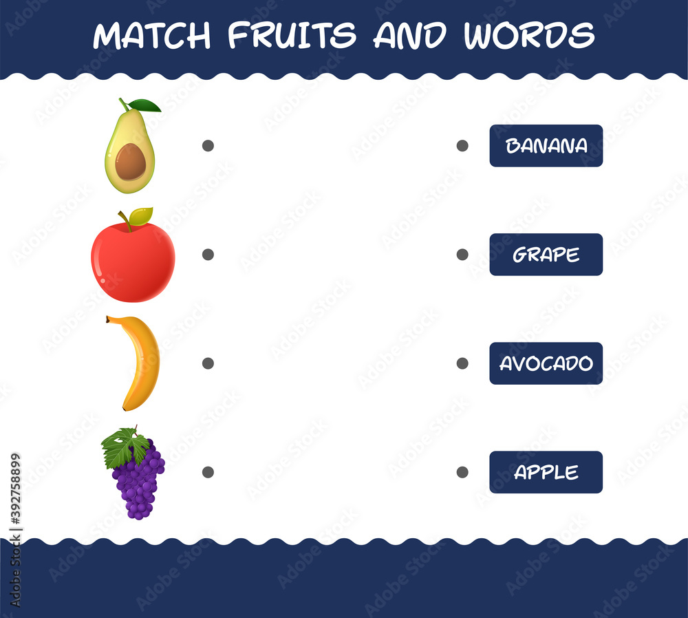 Match cartoon fruits and words. Matching game. Educational game for pre ...