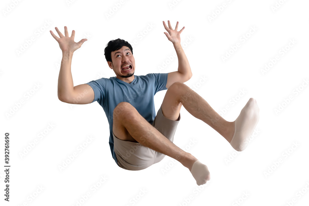 Funny full body of shocked Asian man being blown away on isolated ...