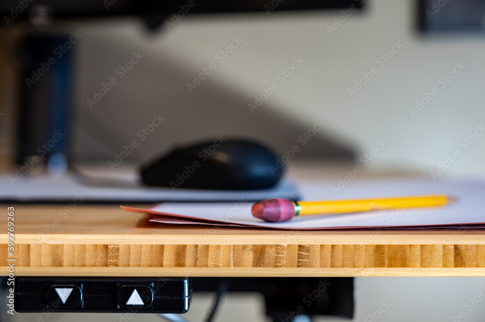 Focus on control buttons for a motorized sit-stand office desk Stock ...