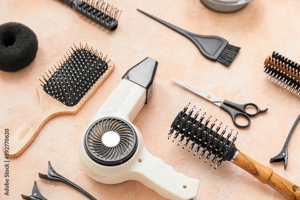 Set of hairdresser tools on color background Stock Photo | Adobe Stock
