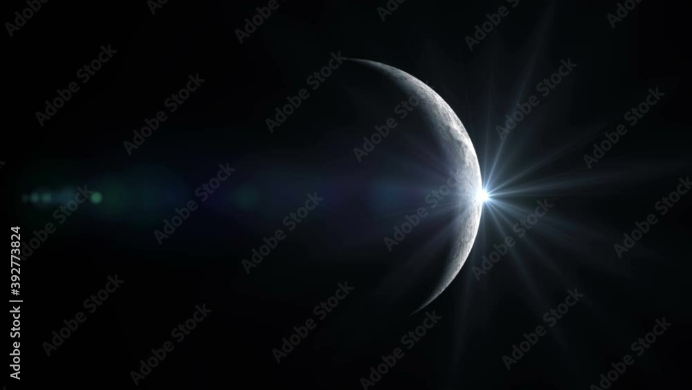 Sun slowly Rises and illuminates the Moon in space creating a thin ...