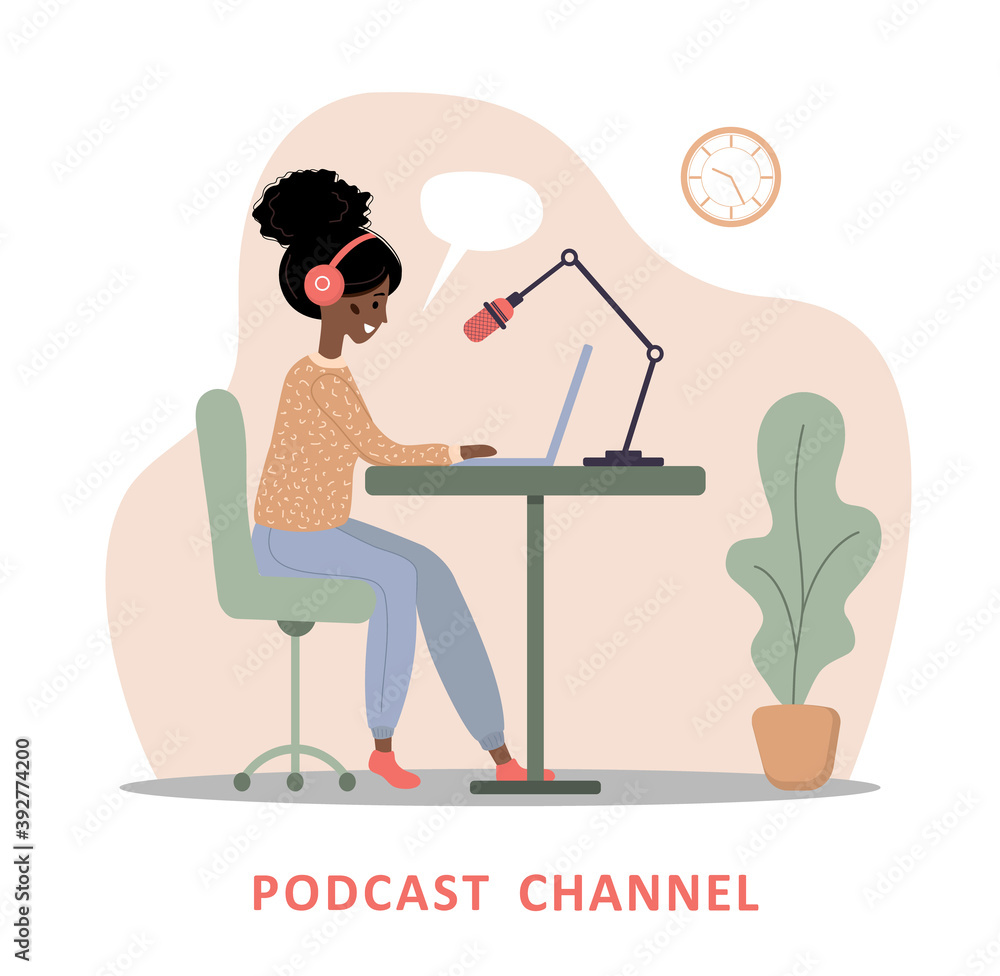 Podcast concept. African woman in headphones at table recording audio ...