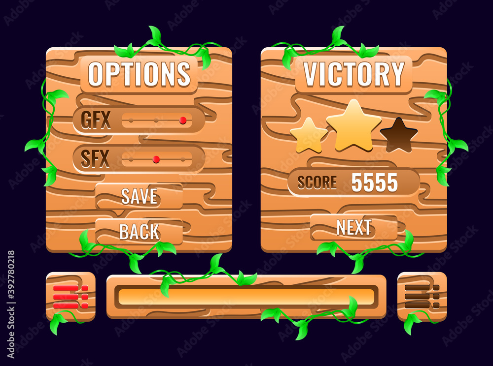 Set of wooden nature game ui options, level complete board pop up interface, and progress bar ...