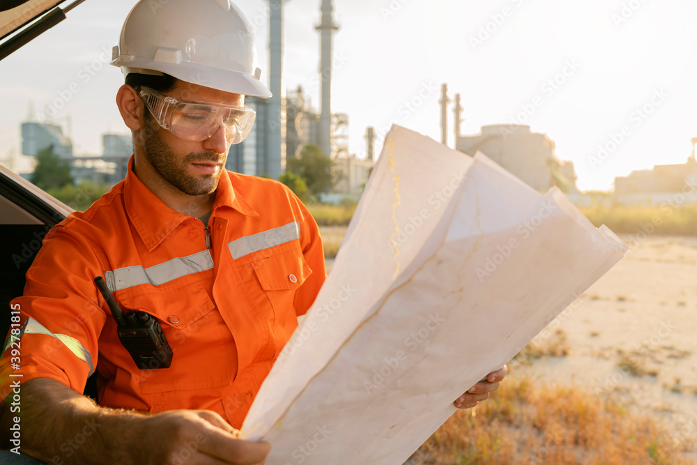 male caucasian engineer technician Industrial workers wearing safty ...