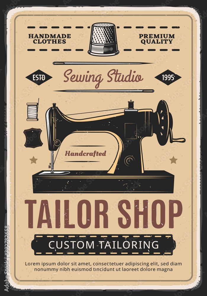 Tailor shop, sewing studio retro vector poster with machine and spool ...