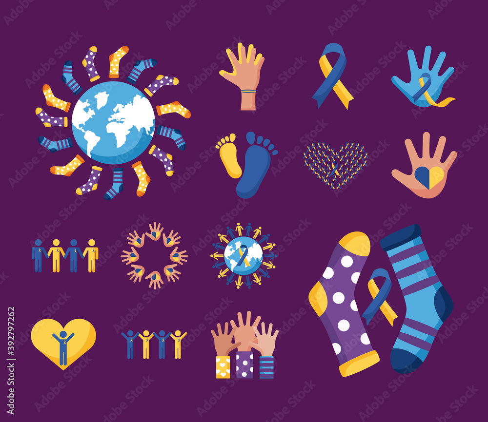 earth planet and people arounfd with bundle of down syndrome set icons ...