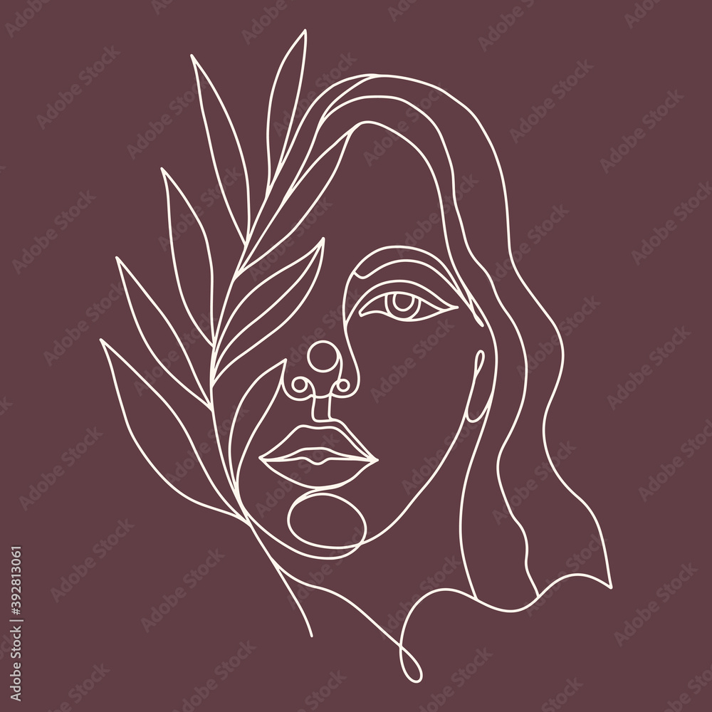 Girl with laurel branch one line drawing on a dark background ...